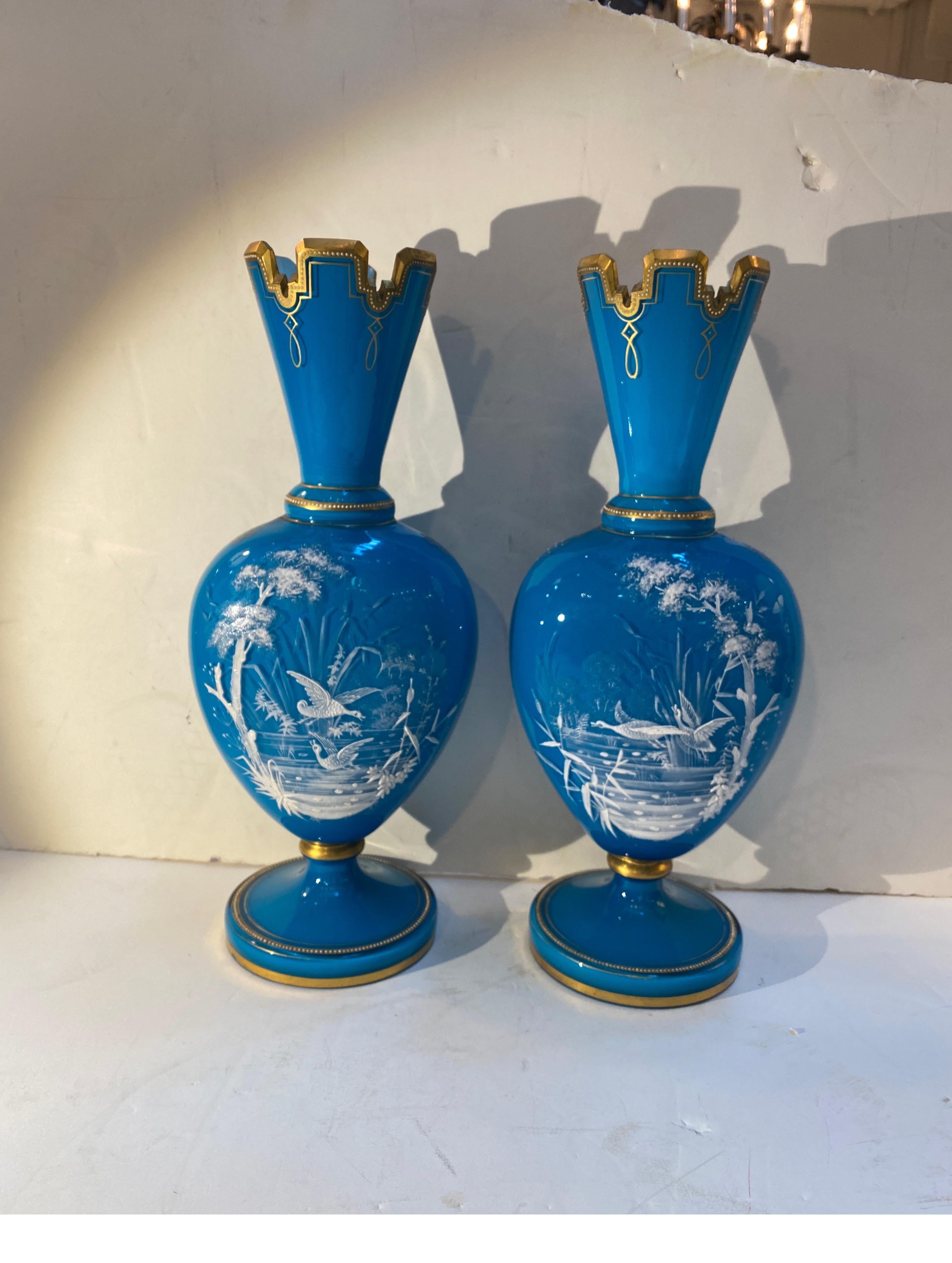 A Pair of Celest Blue Glass Mantle Vases with Pate sur Pate Style ...