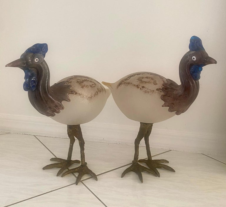 Pair of Cenedese Scavo Glass and Bronze Bird Sculptures For Sale at 1stDibs