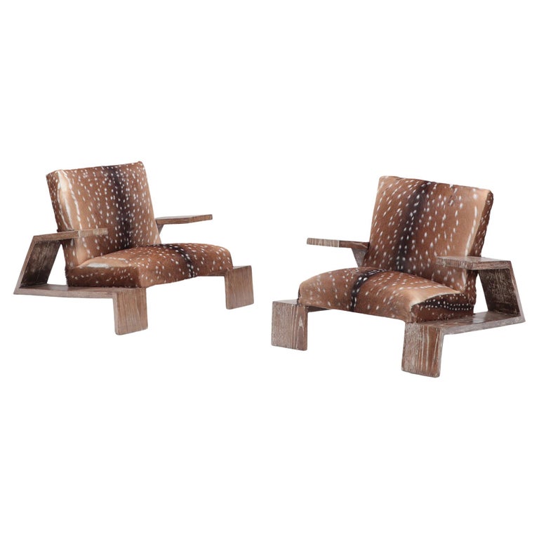 Pair of Cerused Oak and Deer Hide Chairs, Contemporary For Sale at 1stDibs