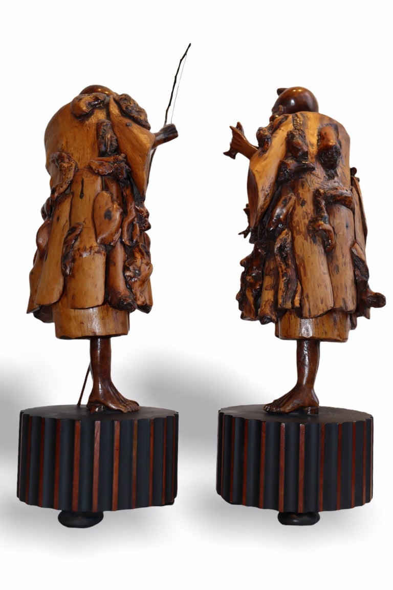 Pair of Chinese Carved Root Wood Fishing Monks on Lacquered Bases, 19th ...