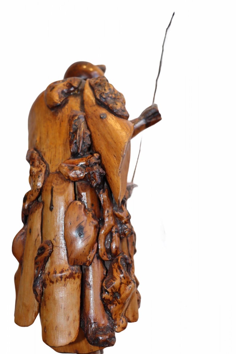 Pair of Chinese Carved Root Wood Fishing Monks on Lacquered Bases, 19th ...