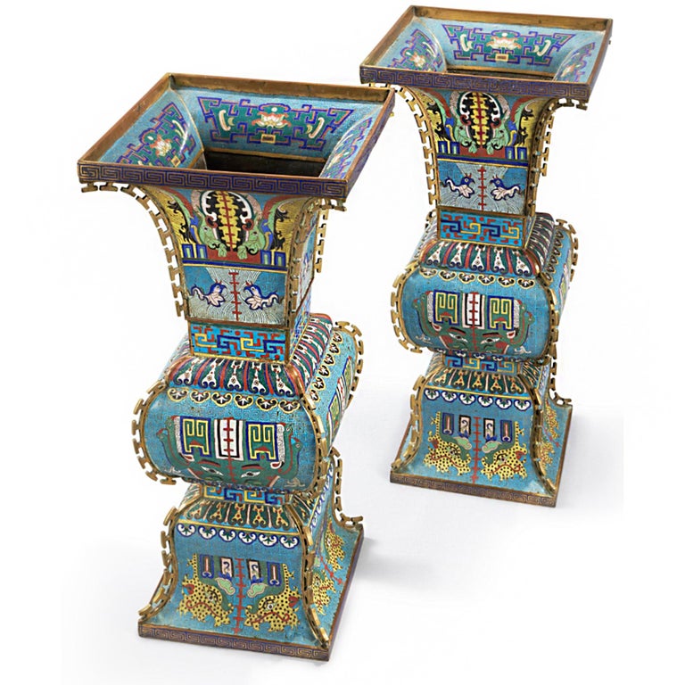 Pair of Chinese Cloisonné Enamel Beaker Vases, Late Qing Dynasty For ...