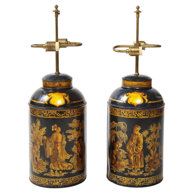 Pair of Chinese Export Midnight Blue and Gilt-Tole Tea Canister Lamps ...