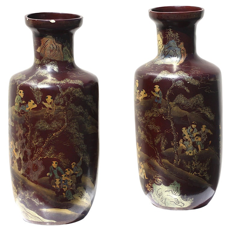 Pair of Chinese Export Vases of Black Lacquer with Gold Gilt Decoration ...