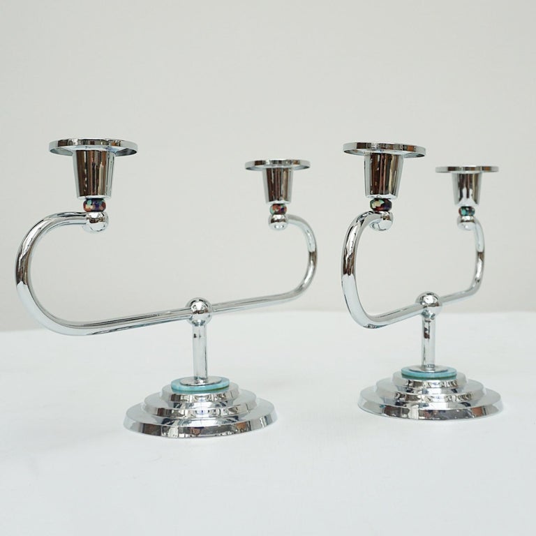 Pair of Chromed Metal and Bakelite Candelsticks For Sale at 1stDibs
