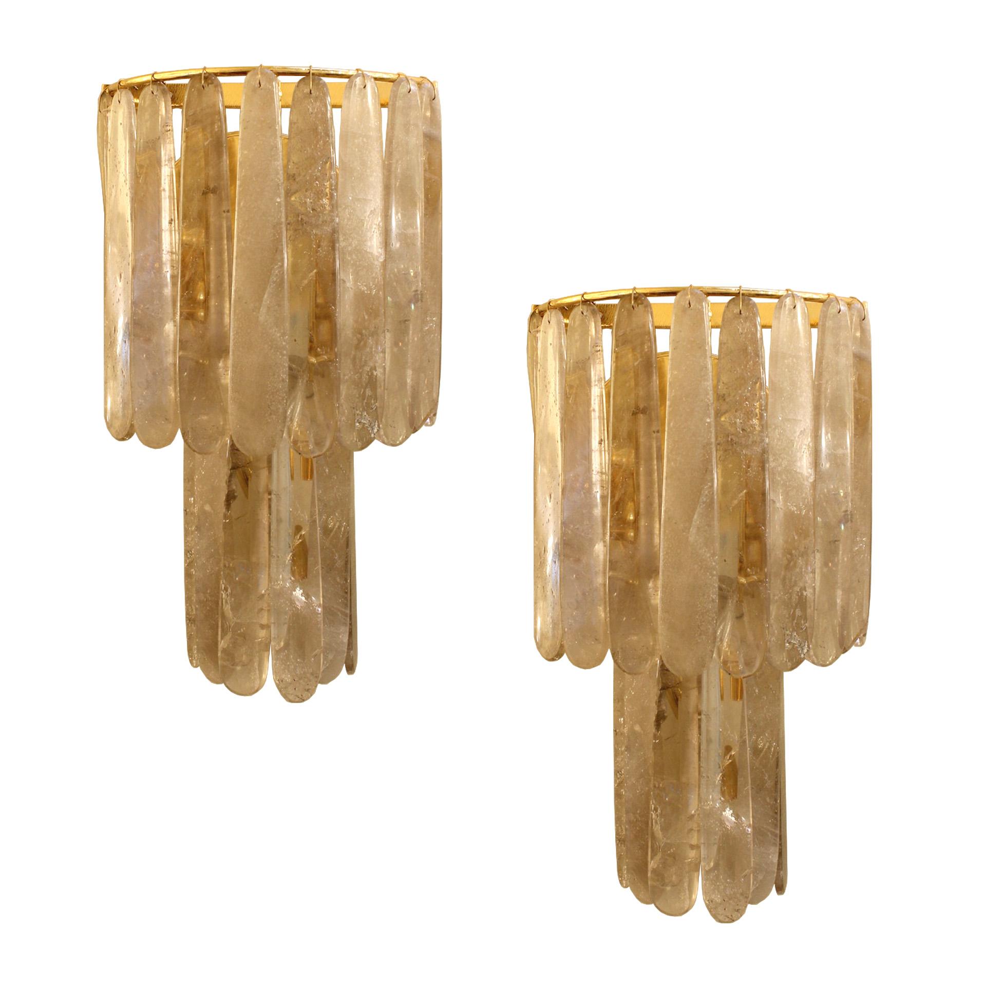 A pair of classic two tier rock crystal wall lights For Sale at 1stDibs
