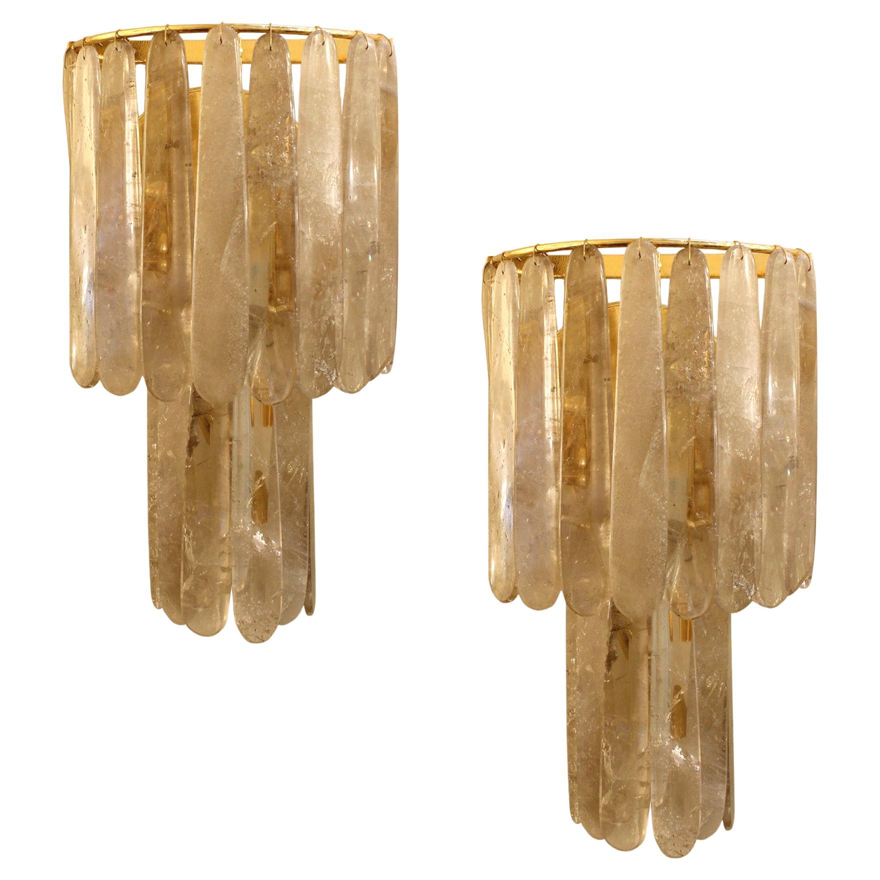 A pair of classic two tier rock crystal wall lights For Sale at 1stDibs