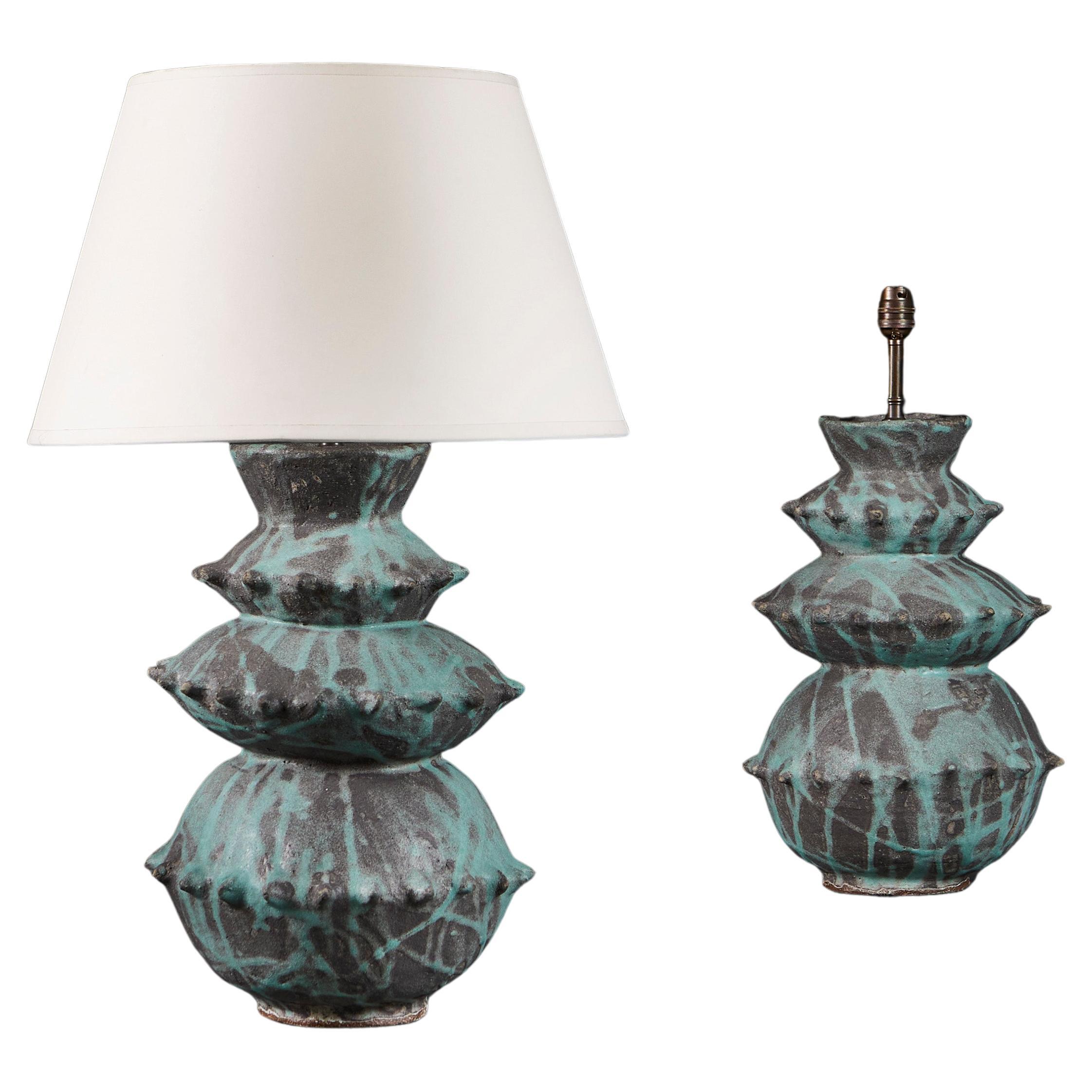 A Pair of Copper Drip Triple Gourd Pottery Lamps For Sale at 1stDibs