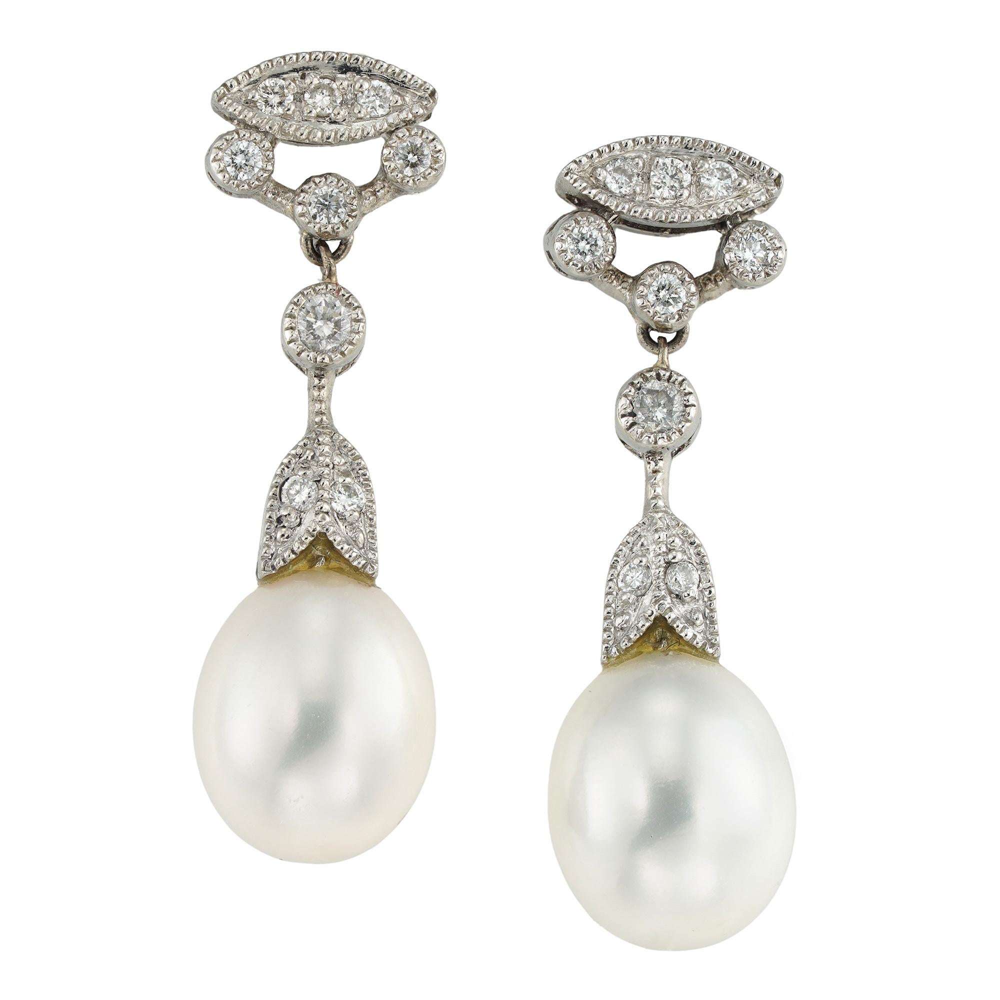A pair of cultured pearl and diamond drop earrings For Sale at 1stDibs