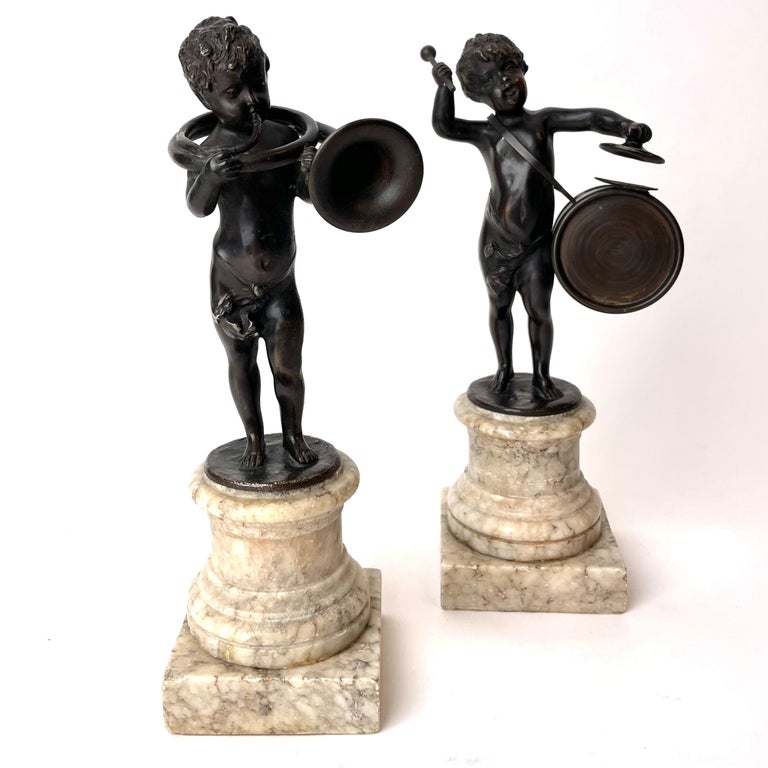 Pair of Cupids Playing Instruments in Patinated Bronze from Early 19th ...