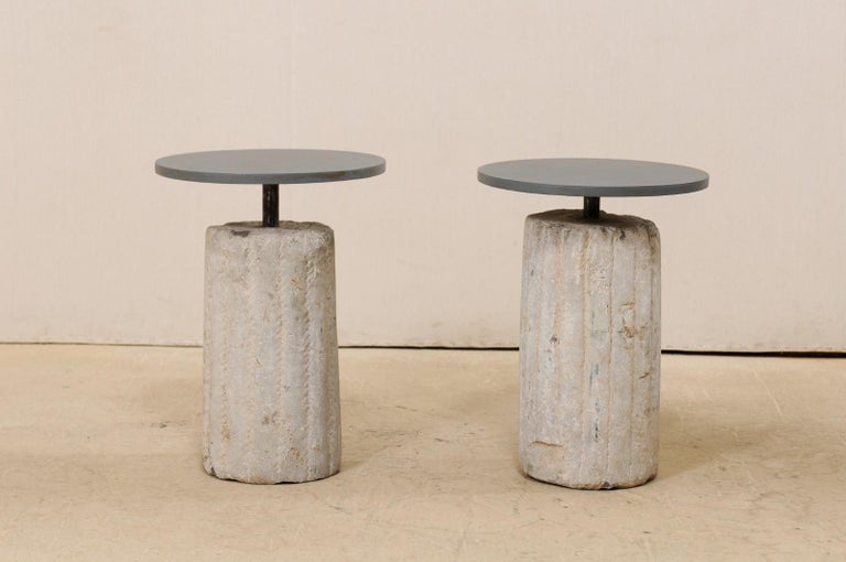 Pair of Custom Side Tables with Mill Grinding Stone Bases and Iron Tops ...