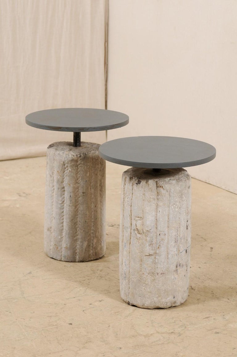 Pair of Custom Side Tables with Mill Grinding Stone Bases and Iron Tops ...