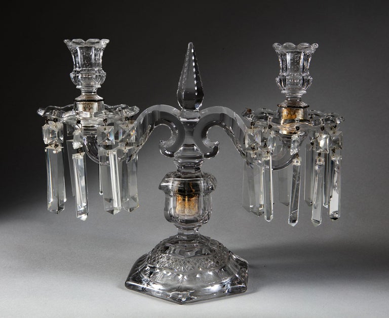 Pair of Cut-Glass Lustres with Suspended Prism Droplets, 20th Century ...