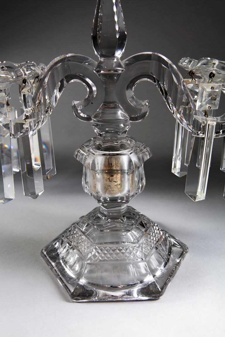 Pair of Cut-Glass Lustres with Suspended Prism Droplets, 20th Century ...