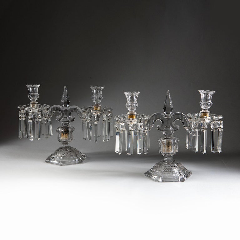 Pair of Cut-Glass Lustres with Suspended Prism Droplets, 20th Century ...
