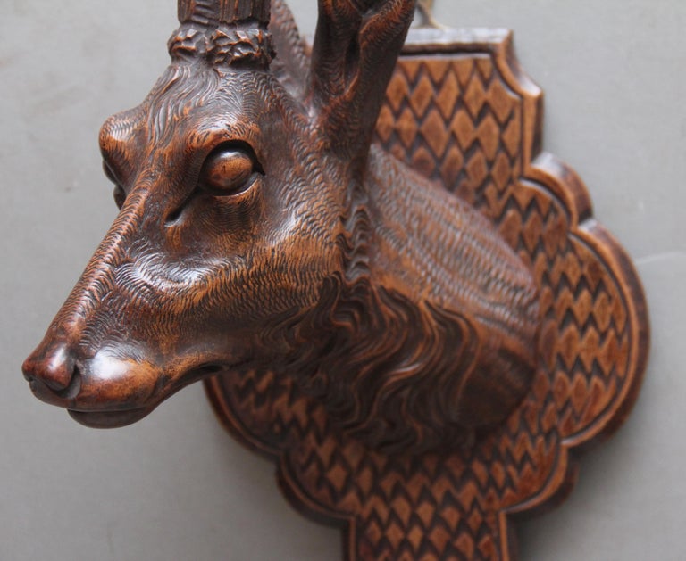 A pair of decorative 19th Century carved walnut black forest deer heads ...