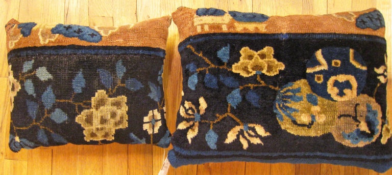 Pair of Decorative Antique Chinese Rug Pillows with Floral Elements For ...