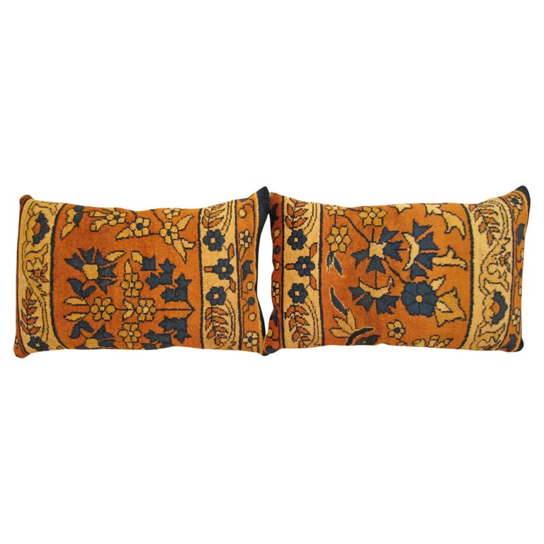 Pair of Decorative Antique Indian Agra Rug Pillows with Floral Elements ...