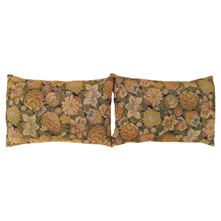 Pair of Decorative Antique Jacquard Tapestry Pillows with Floral Elements For Sale at 1stDibs