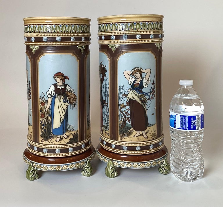 Pair of Doulton Hand Decorated Cylinder Vases, 1880s For Sale at 1stDibs