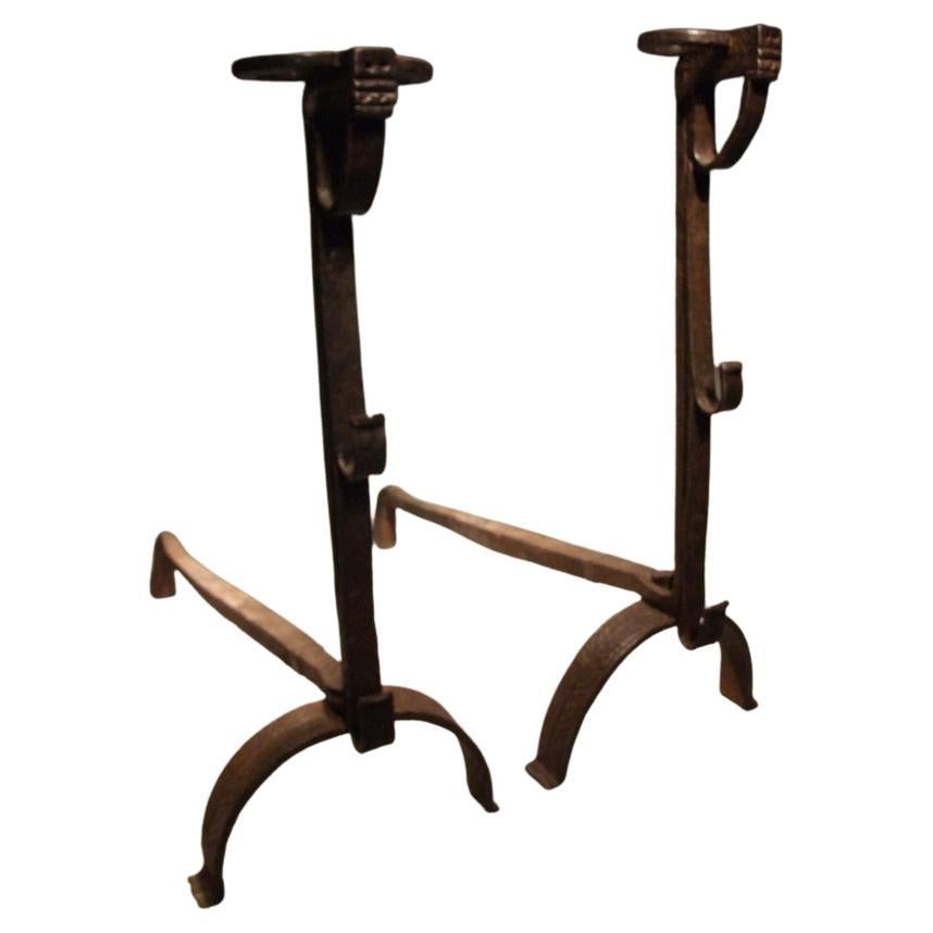 Mid-Century Modern Pair of Large Blacksmith Hand Forged Andirons, 1960s ...
