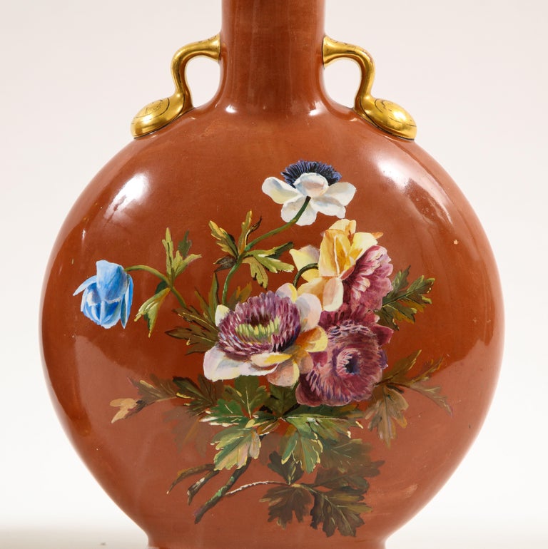 Pair of English Mintons Coral Ground Floral Motif Moon Flasks with ...