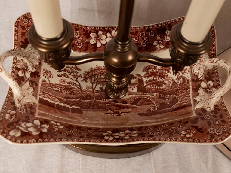 Pair of English Porcelain Dish Candelabra Lamps For Sale at 1stDibs