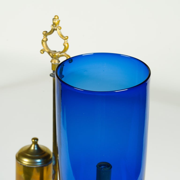 A Pair of English Student Brass Lamps with Blue Hurricane Shades For ...