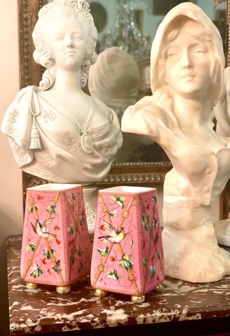 A pair of exquisite antique pink opaline vases For Sale at 1stDibs