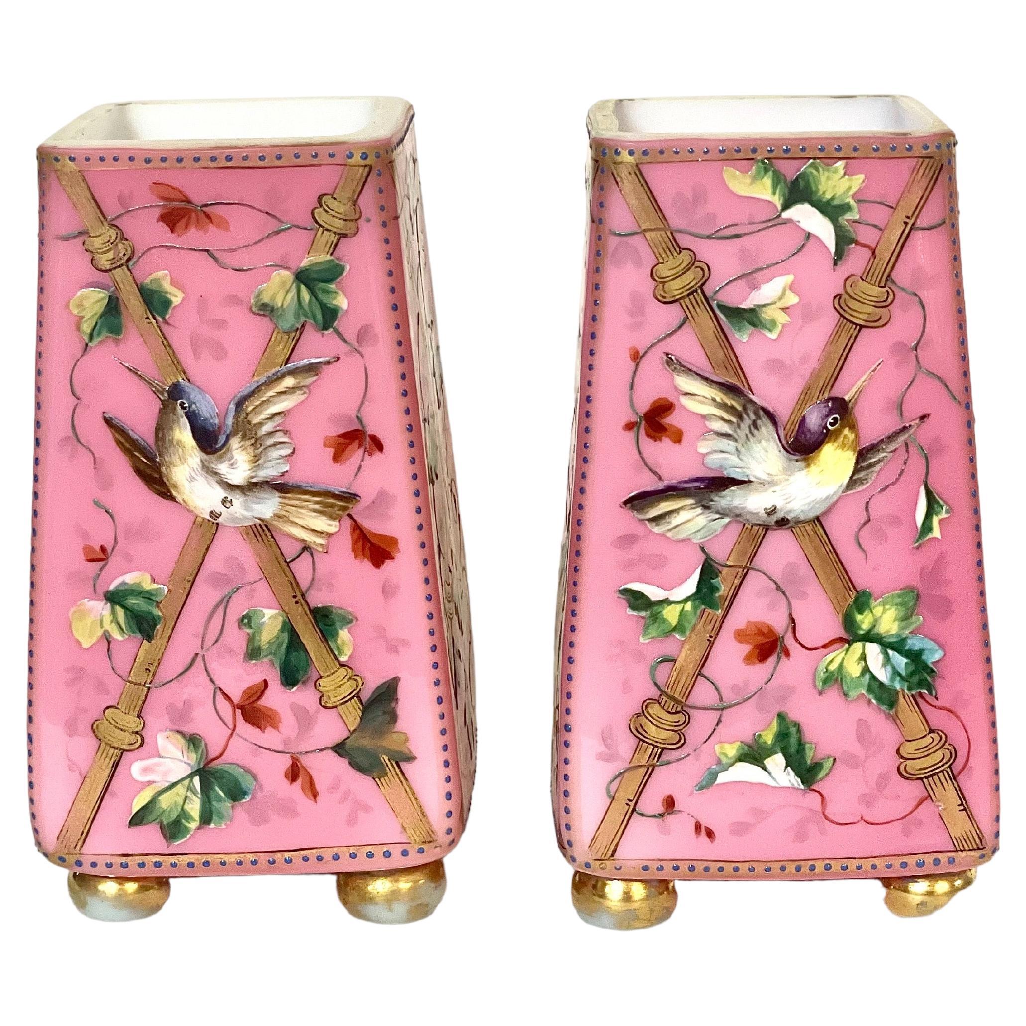 A pair of exquisite antique pink opaline vases For Sale at 1stDibs