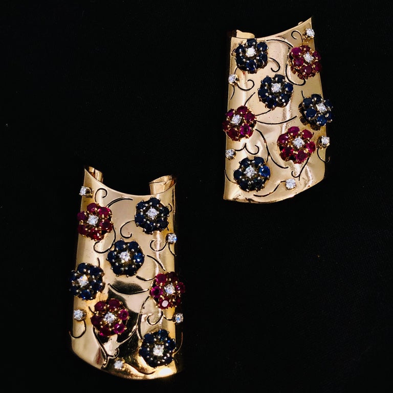 A Pair of Extra Large Scale Retro Clips with Rubies Sapphires and ...