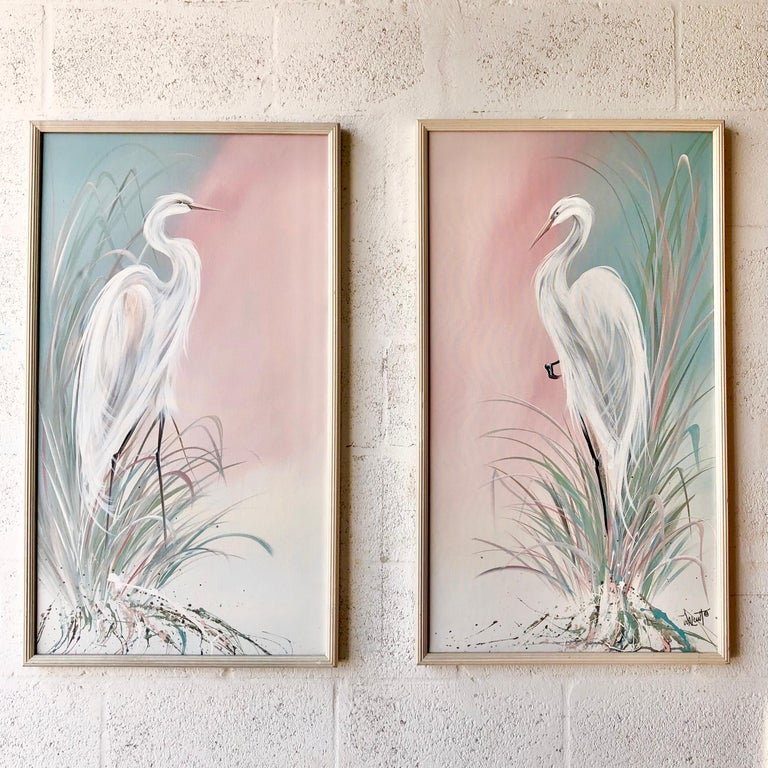 Pair of Florida Great Egrets Oil on Canvas Paintings by Frank Walcutt ...