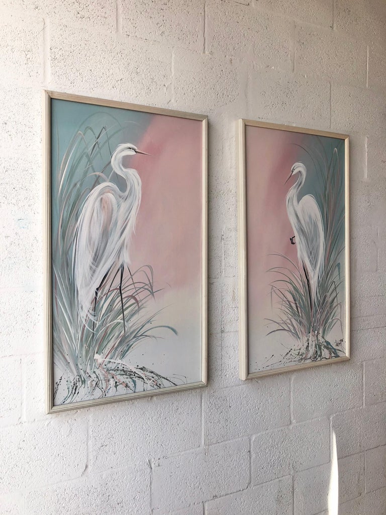 Pair of Florida Great Egrets Oil on Canvas Paintings by Frank Walcutt ...