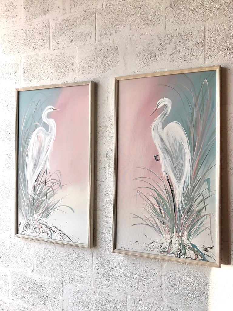 Pair of Florida Great Egrets Oil on Canvas Paintings by Frank Walcutt ...
