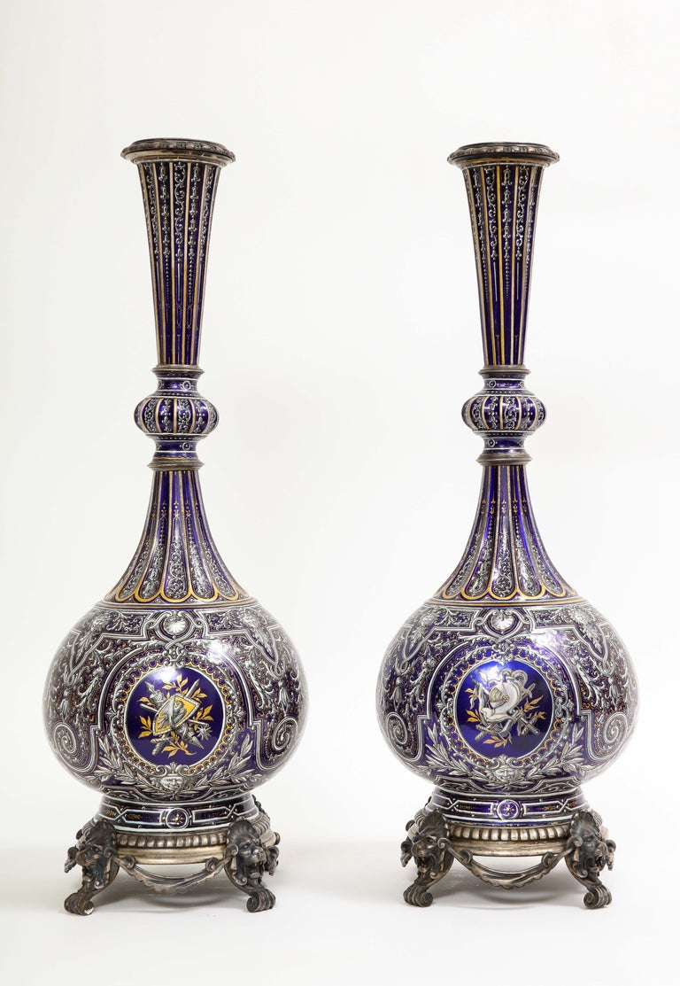 Pair of French 19th C. Silvered Bronze Mounted Enameled Copper Armorial ...