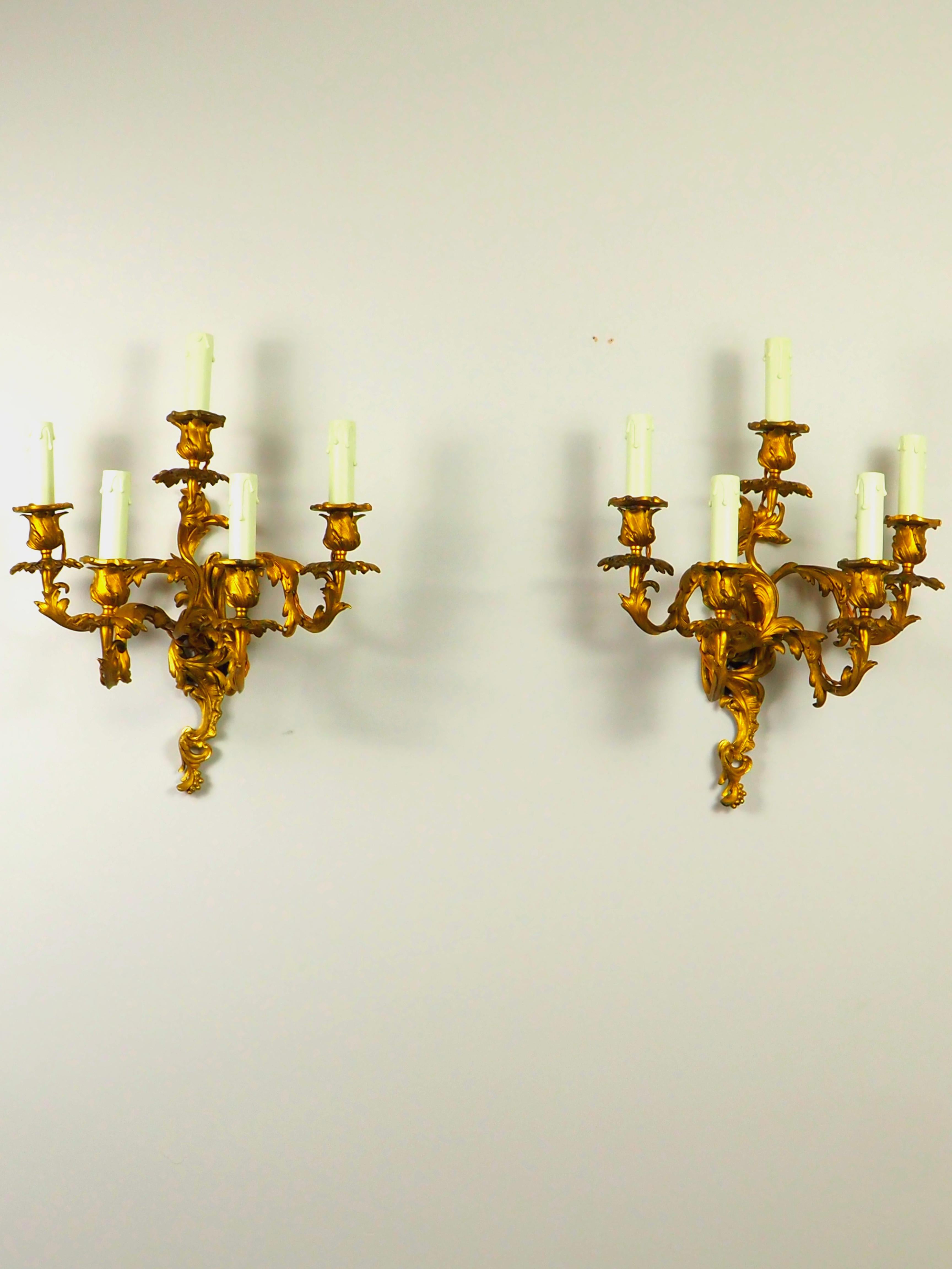 A Pair of French Ormolu Rococo 5 Arm Gilt Bronze Wall Lights, Circa ...