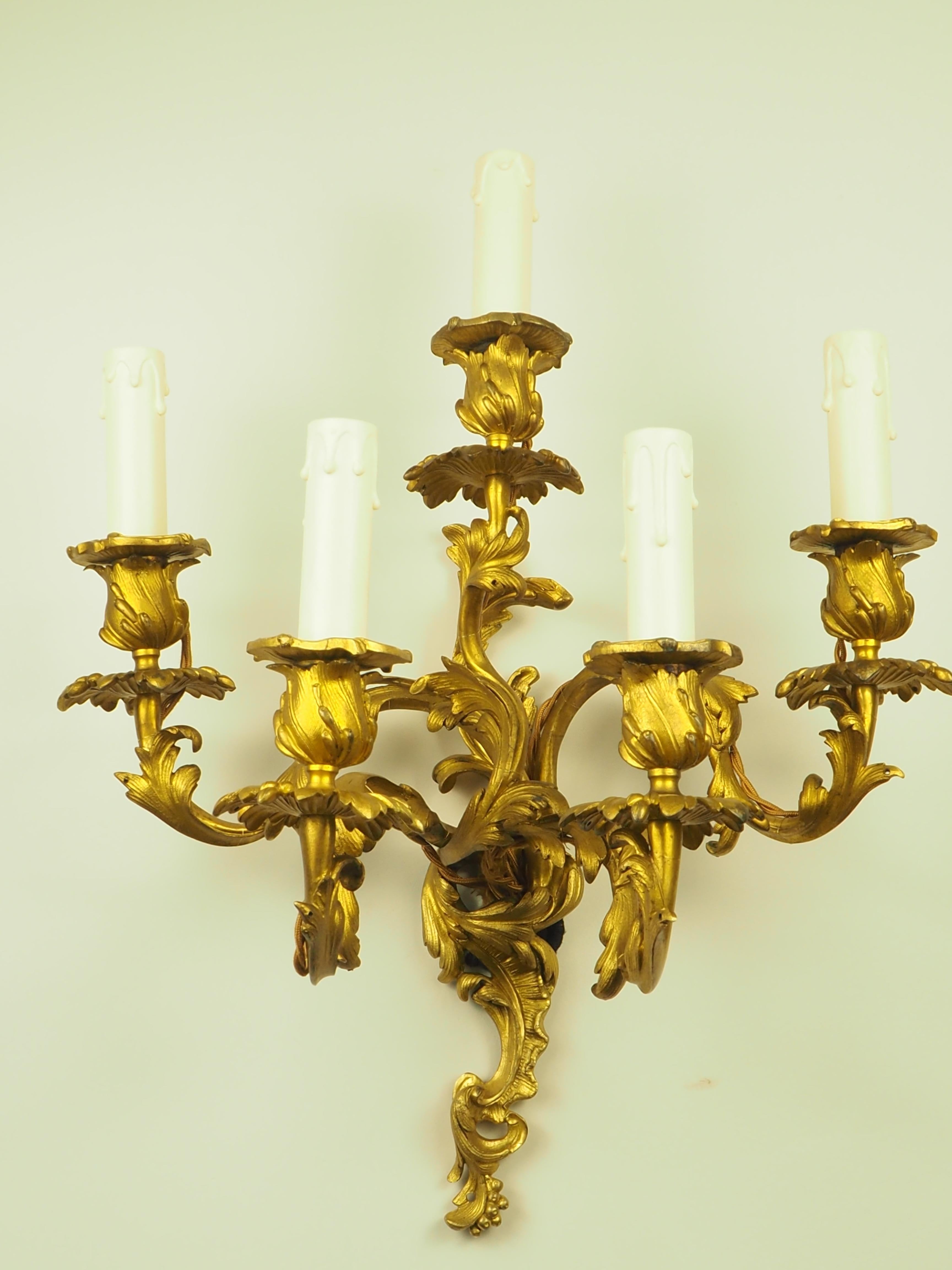 A Pair of French Ormolu Rococo 5 Arm Gilt Bronze Wall Lights, Circa ...