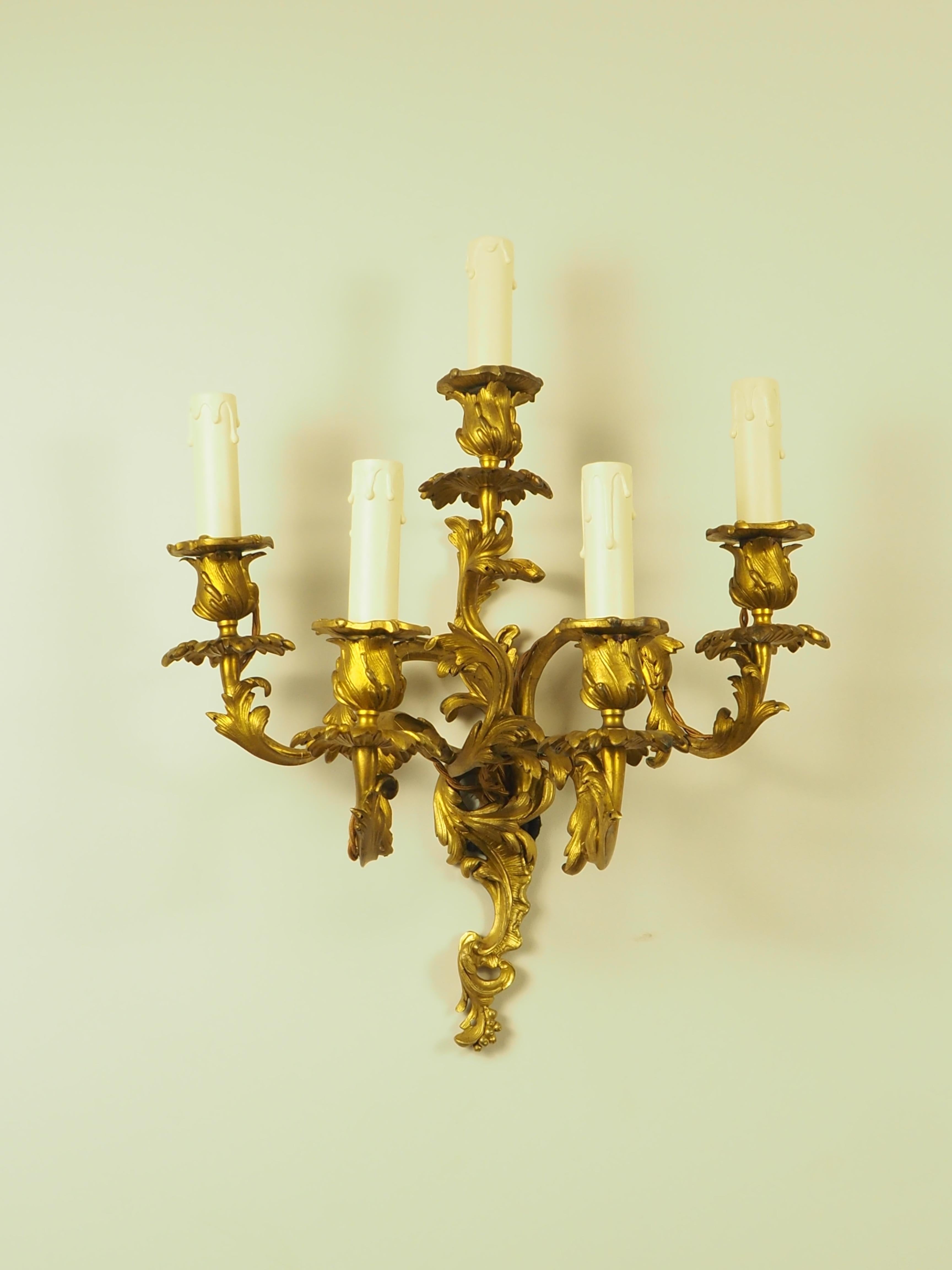 A Pair of French Ormolu Rococo 5 Arm Gilt Bronze Wall Lights, Circa ...