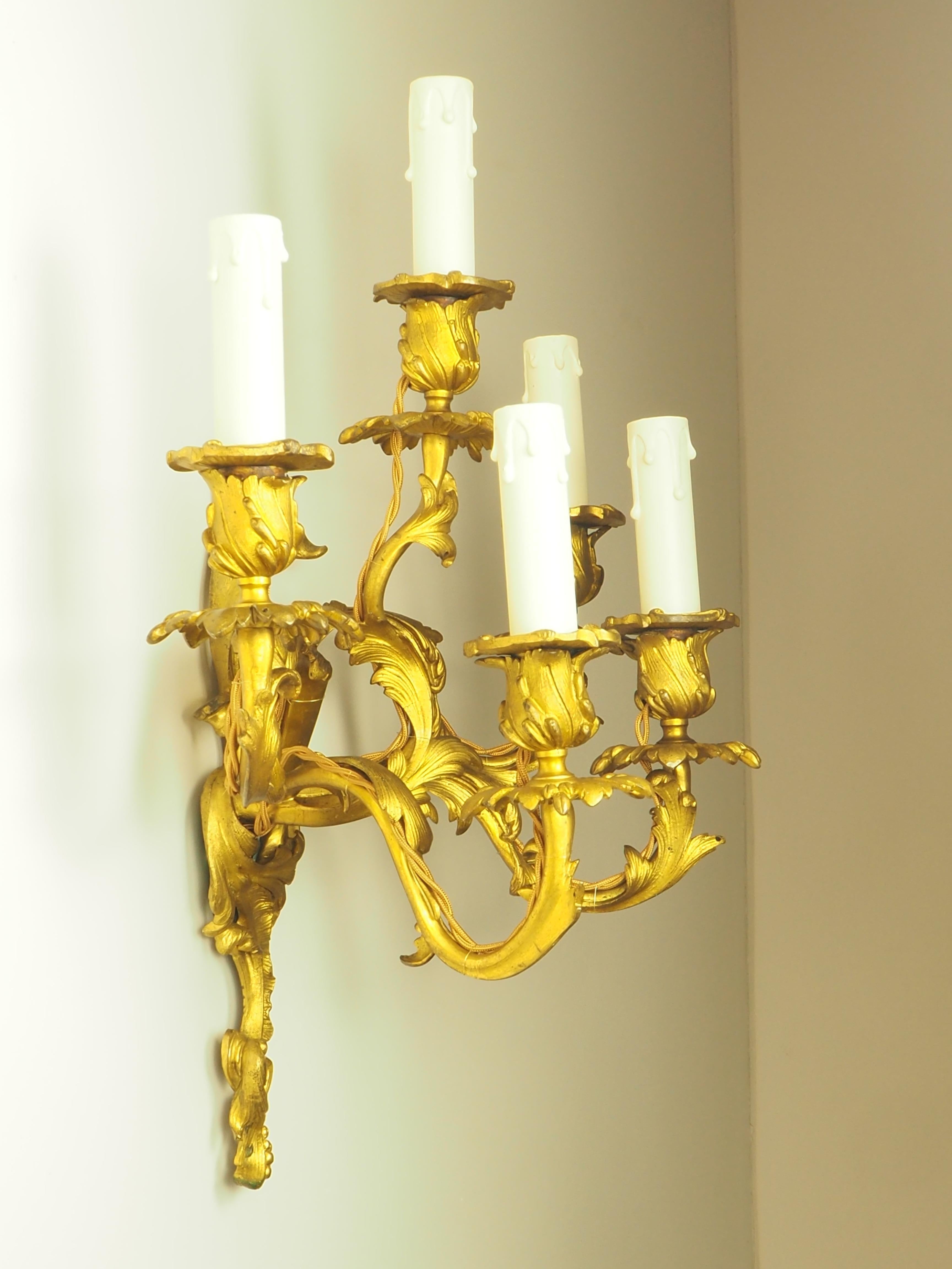 A Pair of French Ormolu Rococo 5 Arm Gilt Bronze Wall Lights, Circa ...