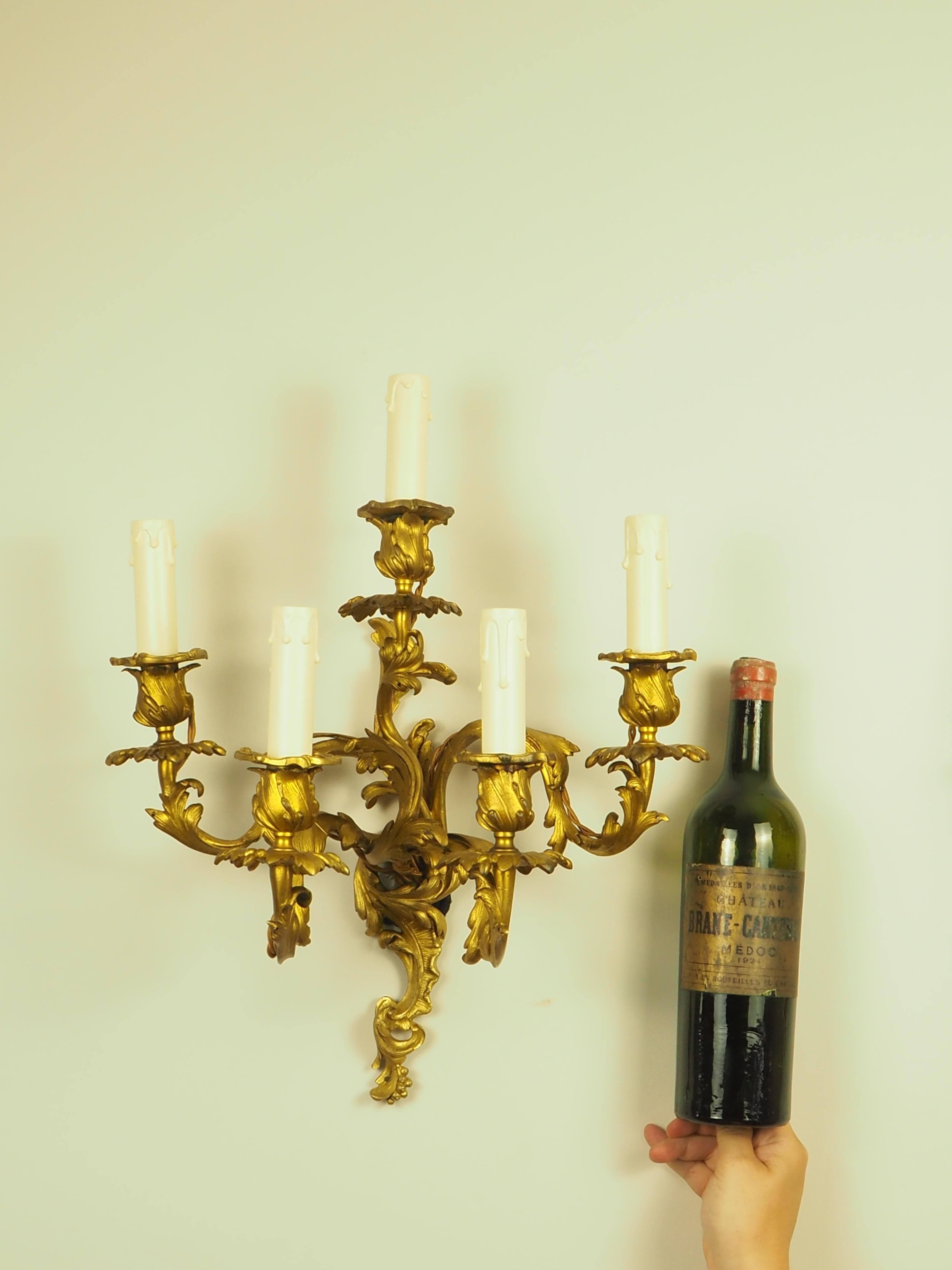 A Pair of French Ormolu Rococo 5 Arm Gilt Bronze Wall Lights, Circa ...