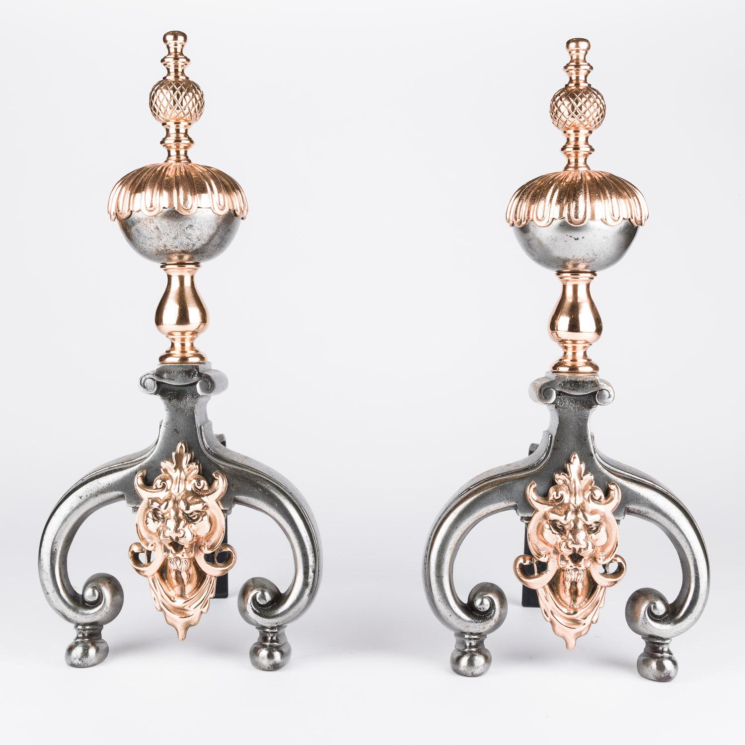 A pair of French ornate copper and steel andirons For Sale at 1stDibs