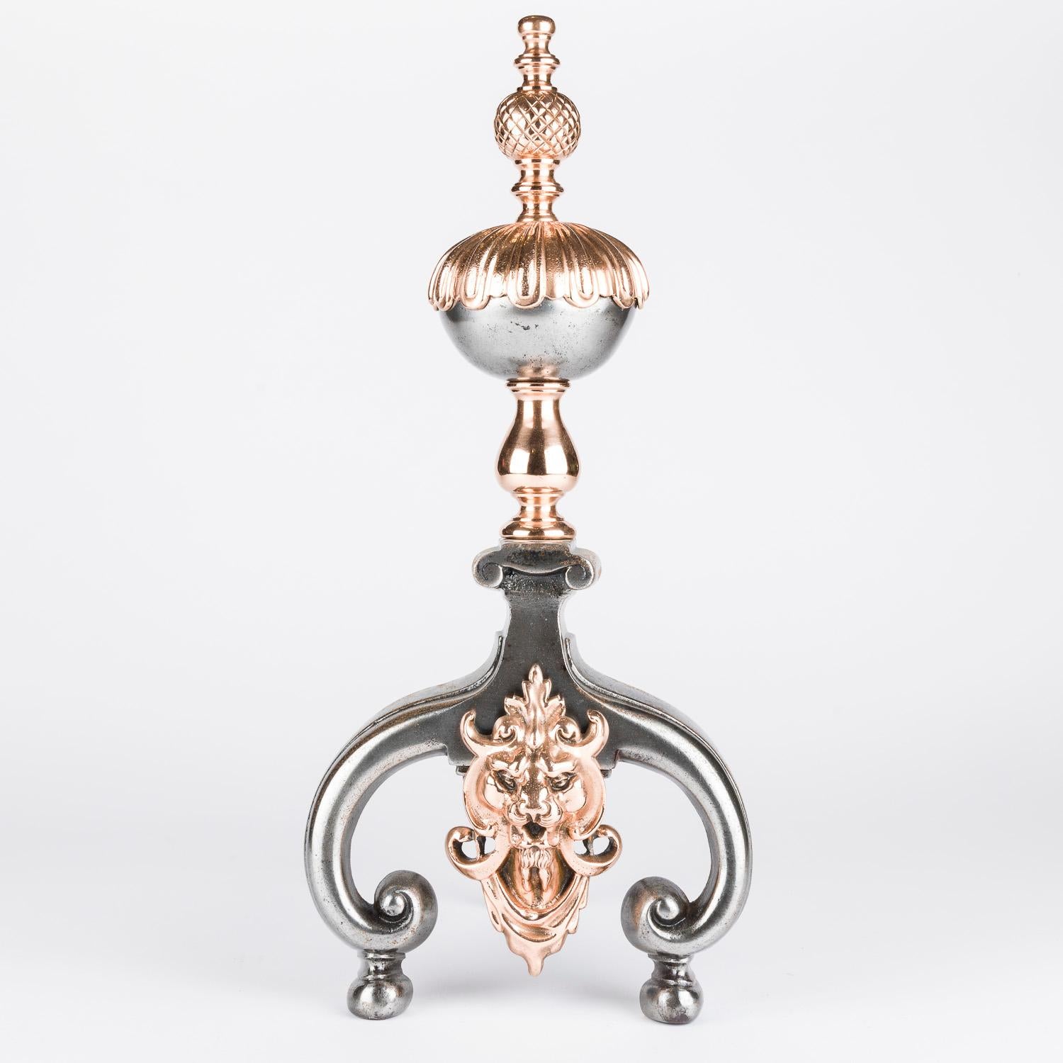 A pair of French ornate copper and steel andirons For Sale at 1stDibs