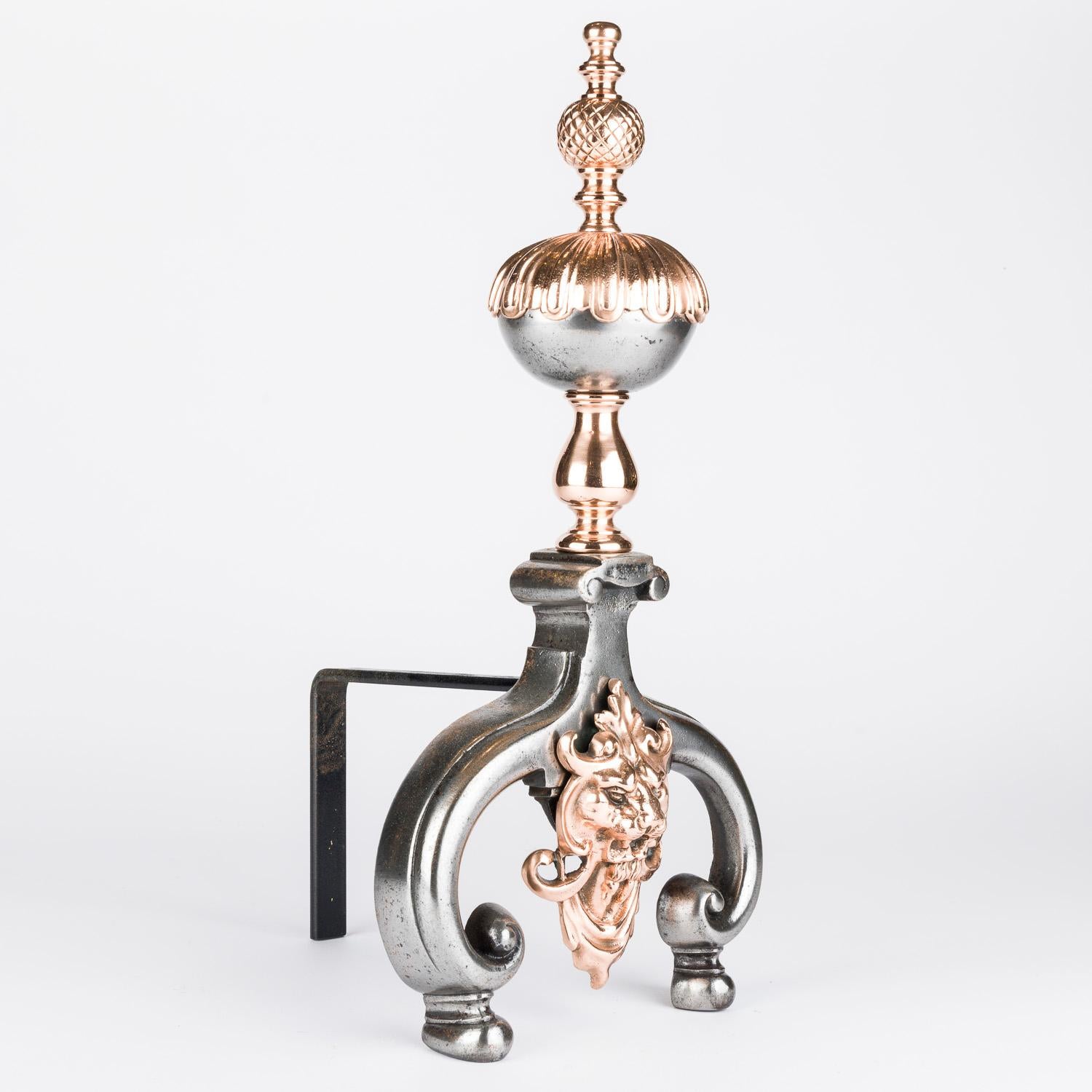 A pair of French ornate copper and steel andirons For Sale at 1stDibs