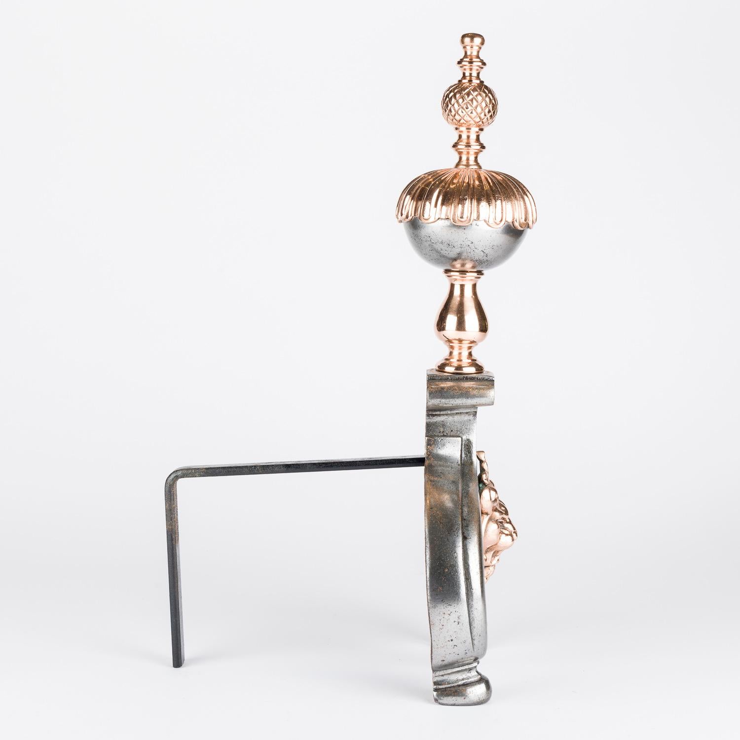 A pair of French ornate copper and steel andirons For Sale at 1stDibs