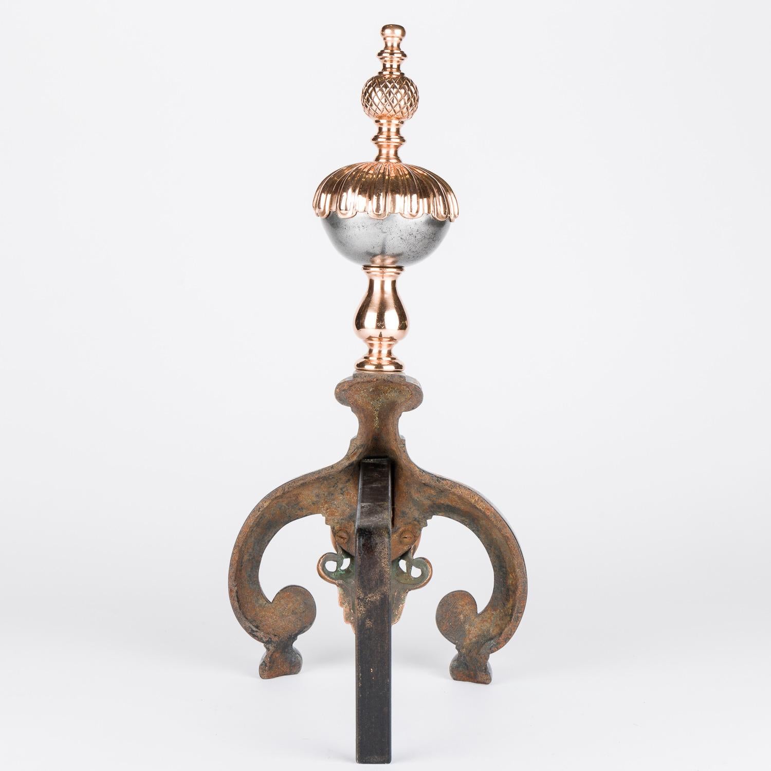 A pair of French ornate copper and steel andirons For Sale at 1stDibs