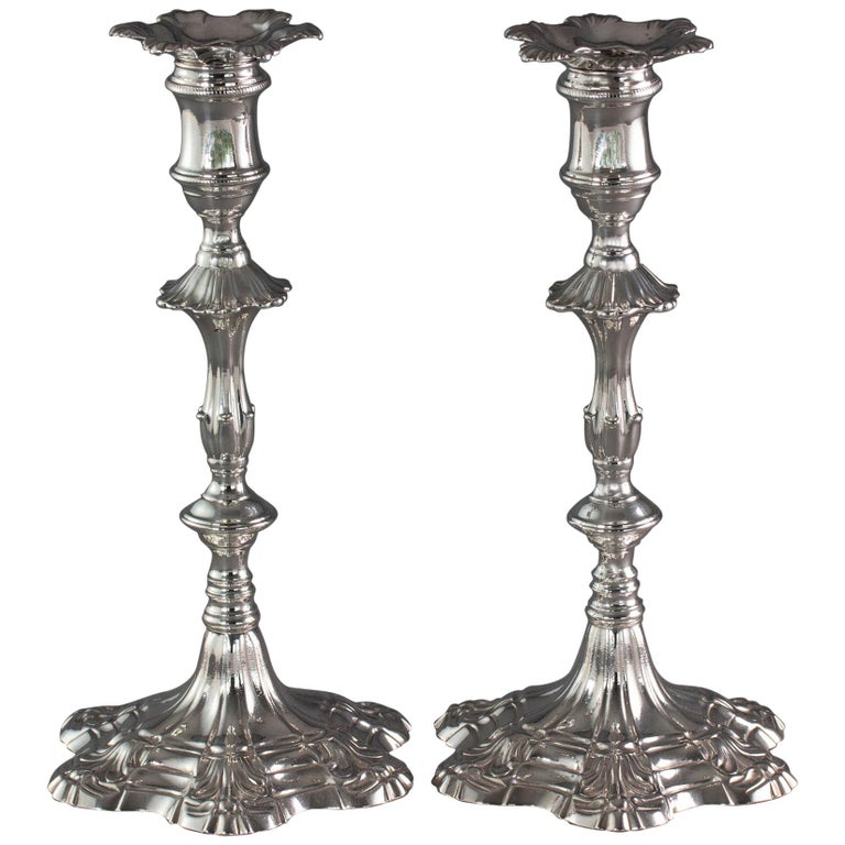 Pair of George III Cast Silver Candlesticks, London, 1763 by William ...