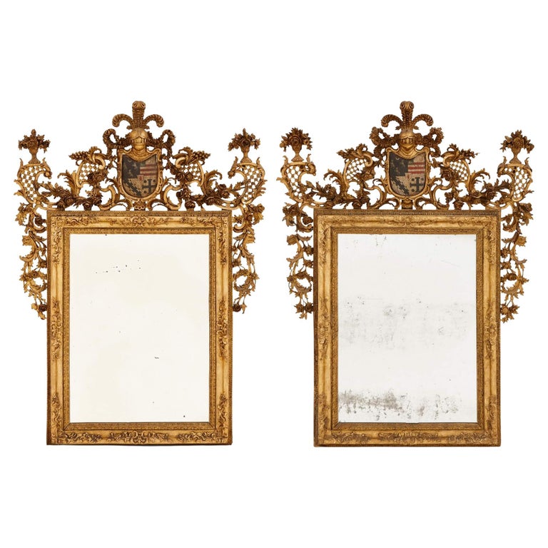 Pair of Giltwood and Polychrome-Decorated Antique Italian Mirrors For ...