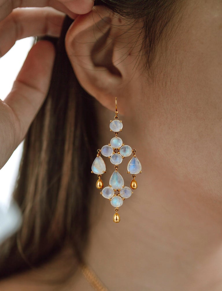 A Pair of Gold moonstone Drop Chandelier earrings For Sale at 1stDibs