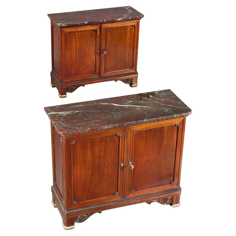 A Pair of Goncalo Alves Side Cabinets with Red Levanto Marble Tops For ...