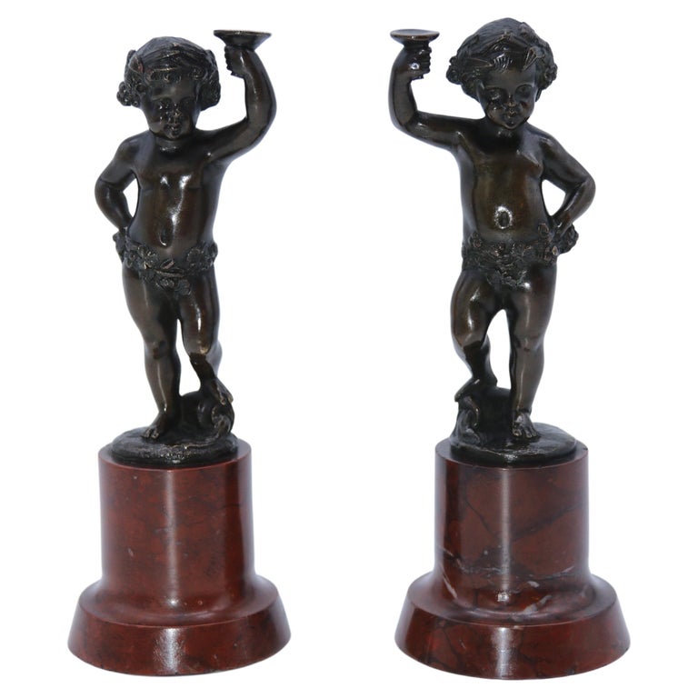 Pair of Grand Tour 19th Century Bronze Putti Figures on Marble Bases, C ...